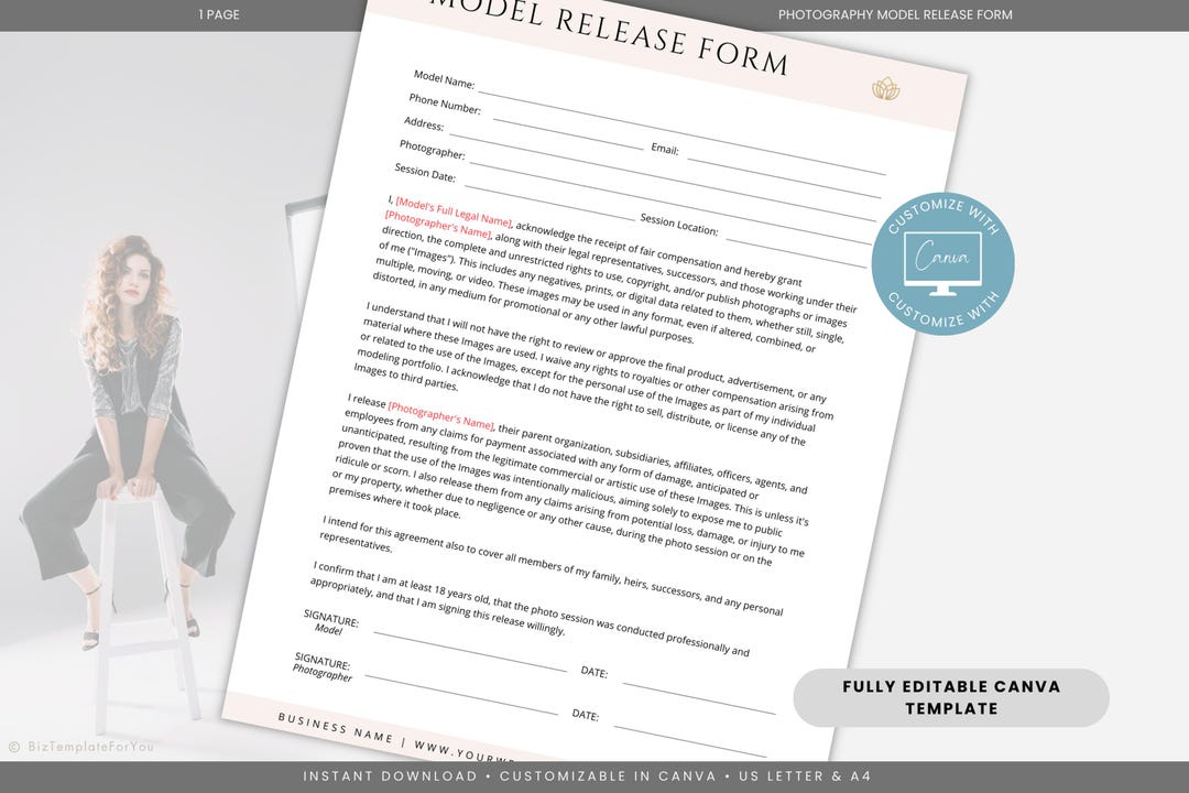 Photography Model Release Form Template, Editable Canva Model Consent ...