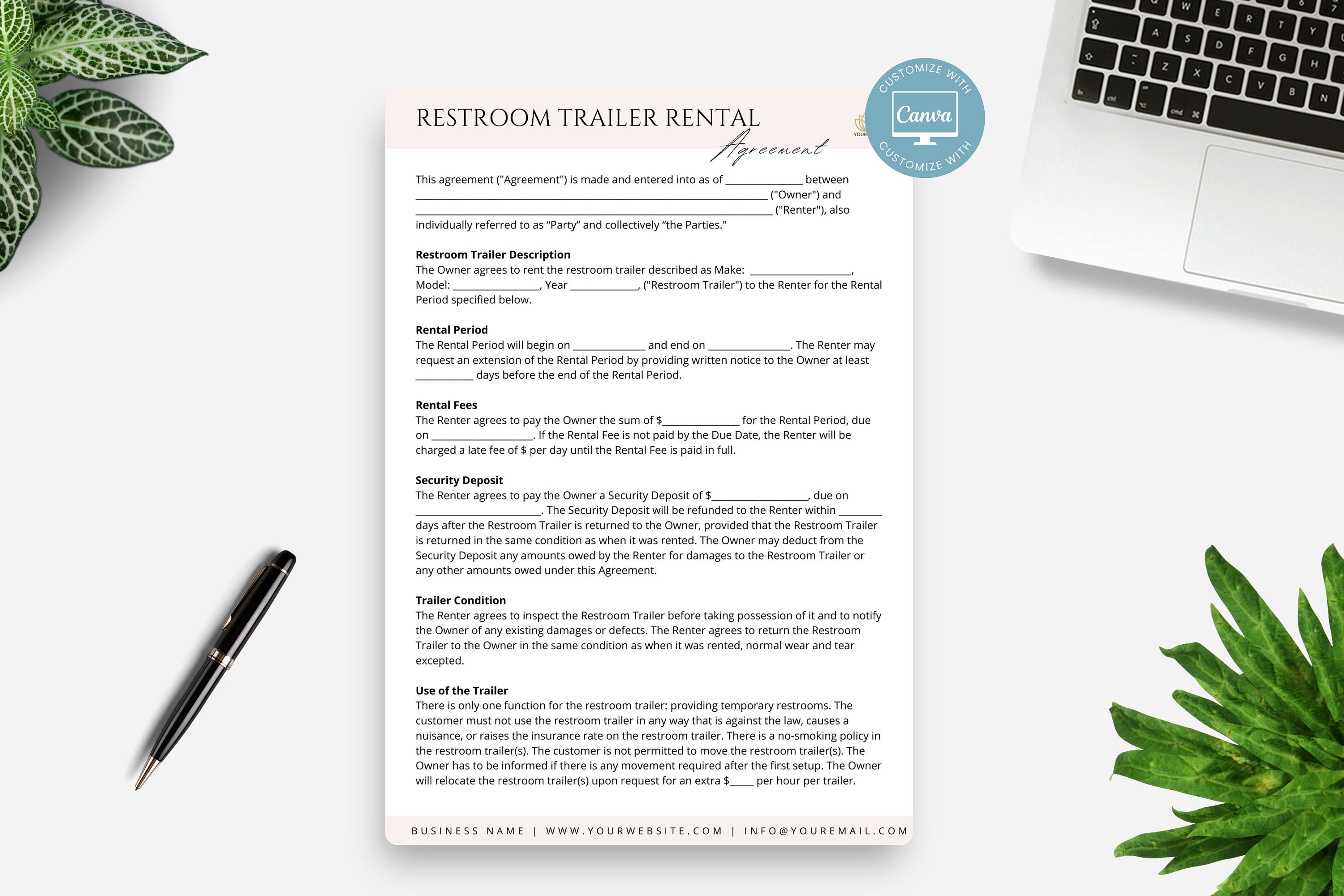 Editable Restroom Trailer Rental Agreement Template, Portable Toilet ...