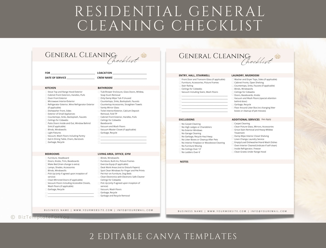 Residential General Cleaning Checklist Editable House - Etsy