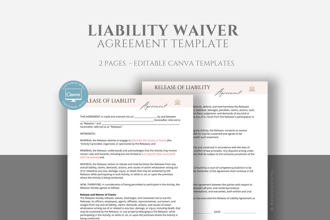 Editable Release of Liability Agreement Template, Liability Waiver ...