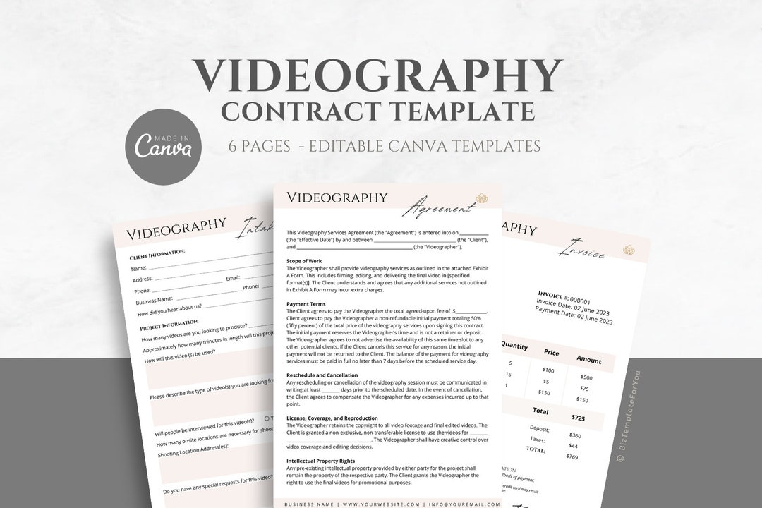 Editable Videography Contract Template, Including Intake Form and ...