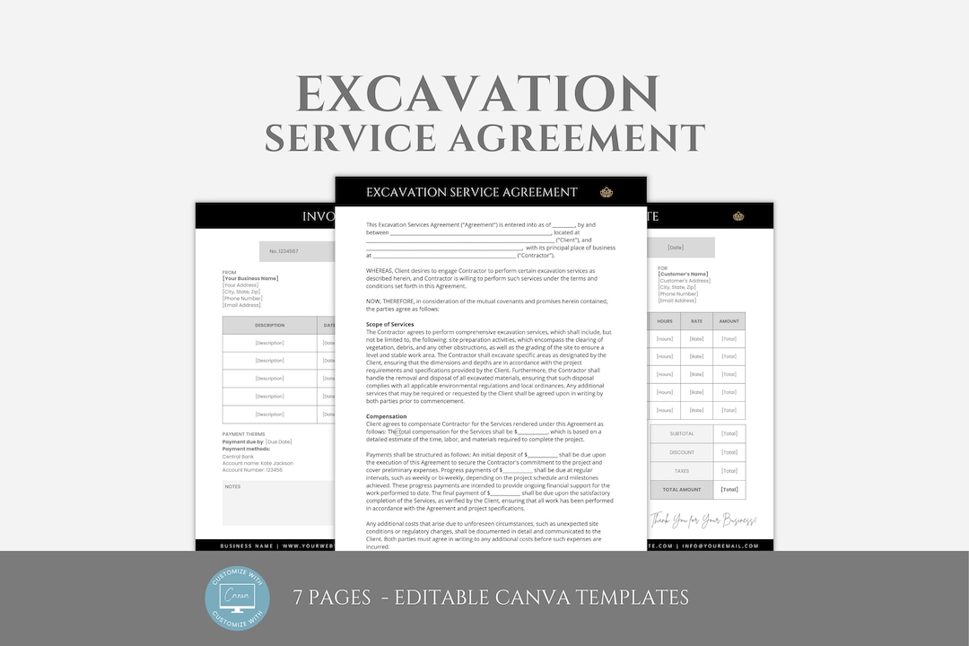 Editable Excavation Service Agreement, Excavation Contract Template ...