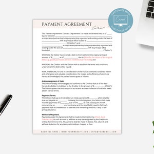 Editable Payment Contract Template, Payment Plan Agreement, Repayment ...