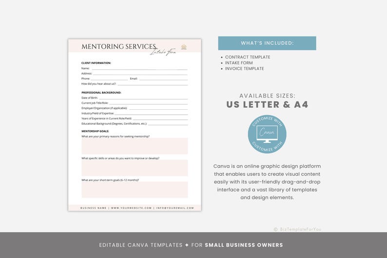 Editable Mentoring Contract Template, Mentorship Agreement, Intake Form ...