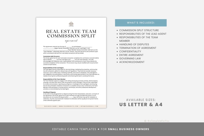 Editable Real Estate Team Commission Split Agreement Template, Realtor ...