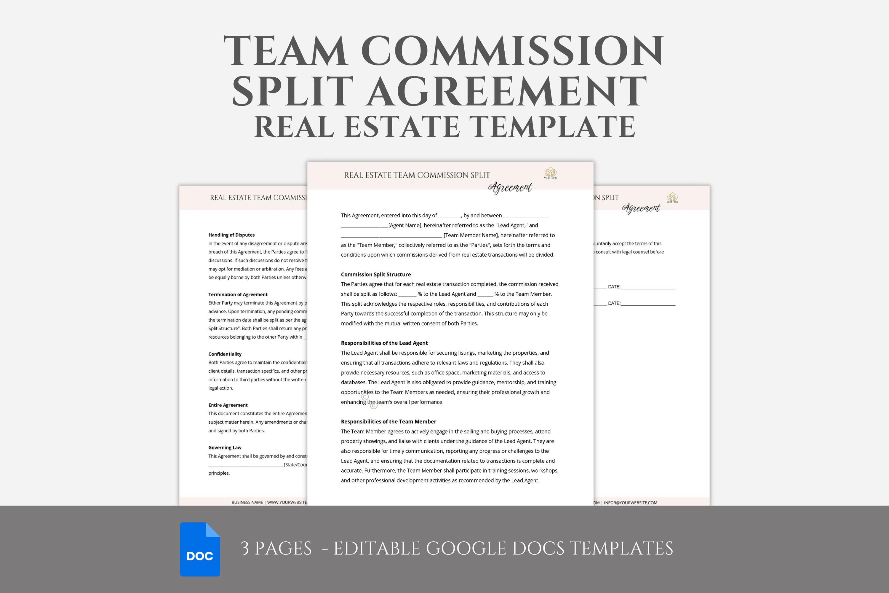 Editable Real Estate Team Commission Split Agreement Template, Realtor ...