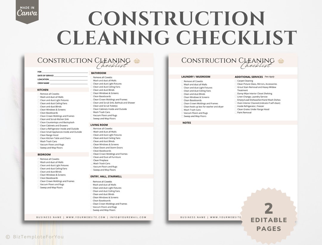 Construction Cleaning Checklist Editable House Cleaning - Etsy