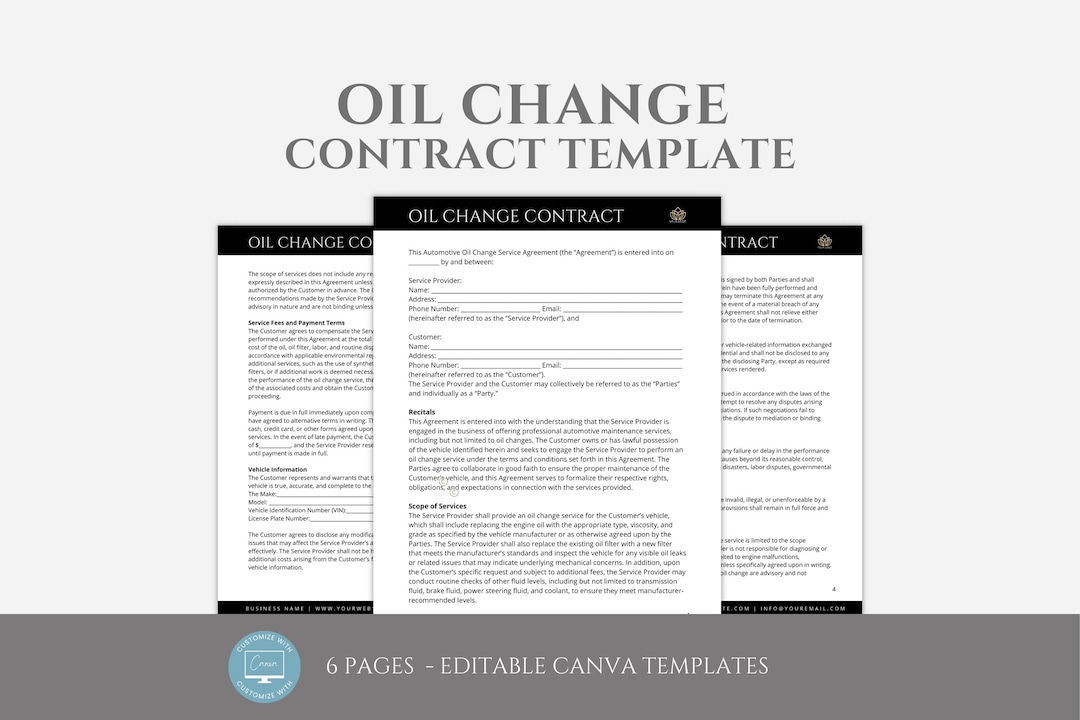 Editable Oil Change Contract Template, Custom Automotive Service ...