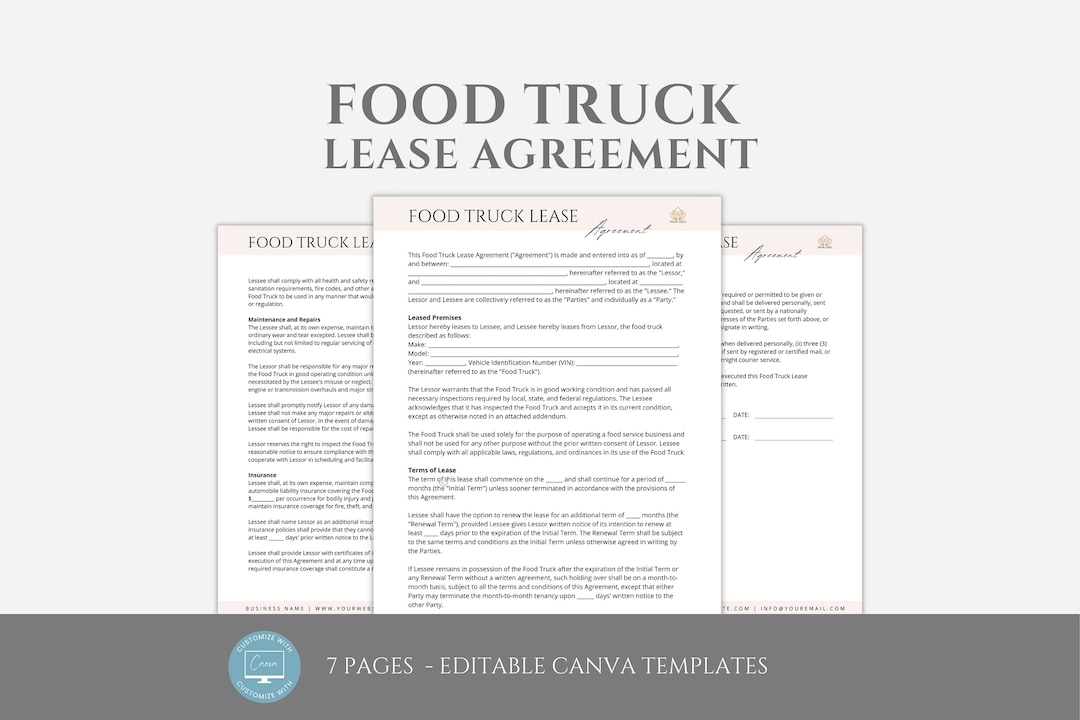 Editable Food Truck Lease Agreement, Food Truck Rental Contract, Mobile ...