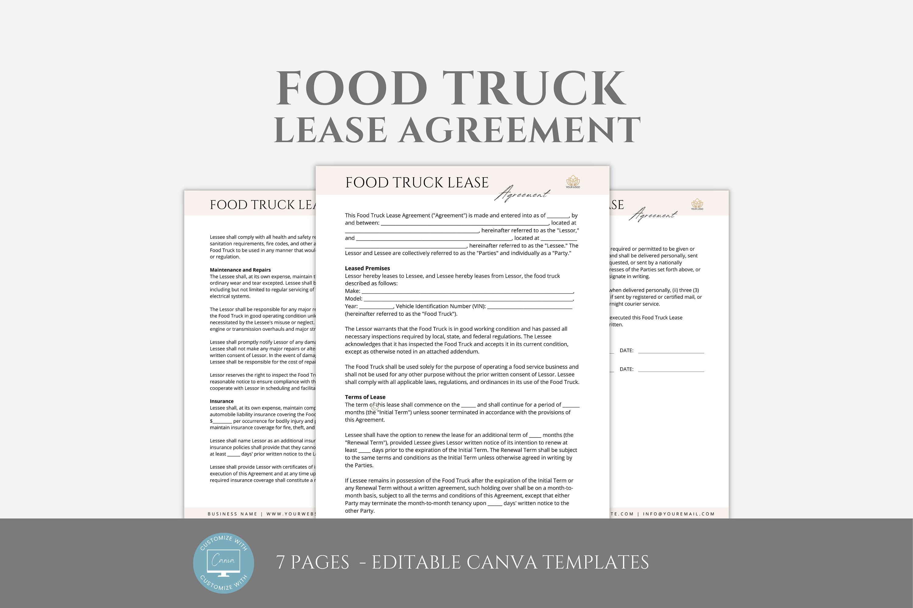 Editable Food Truck Lease Agreement, Food Truck Rental Contract, Mobile Catering Services ...