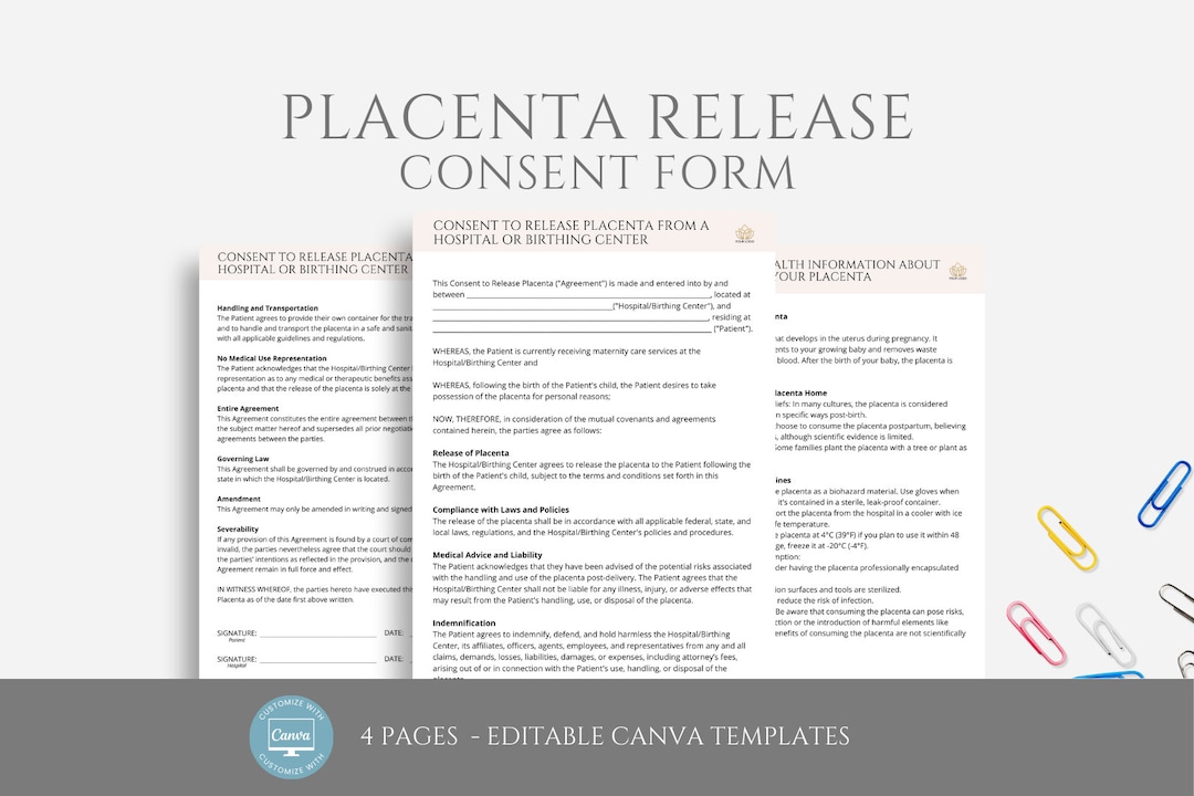 Editable Placenta Release Consent Form Template, Canva Editable ...