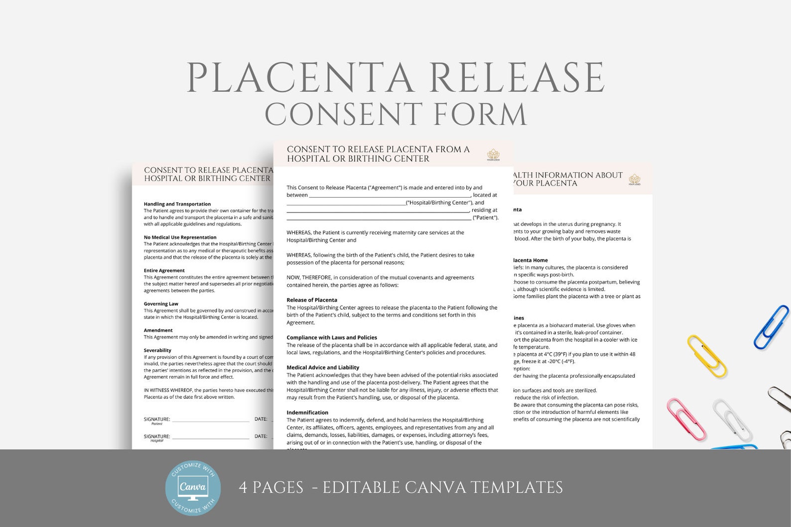 Editable Placenta Release Consent Form Template, Canva Editable ...