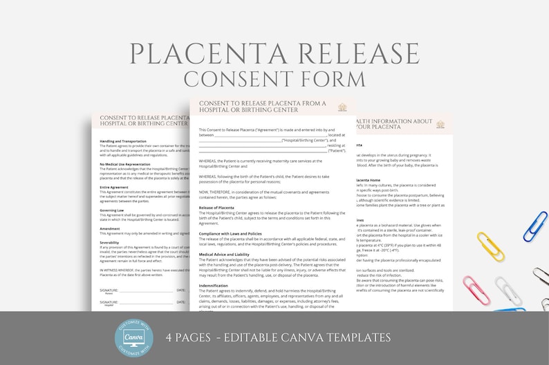 Editable Placenta Release Consent Form Template, Canva Editable ...