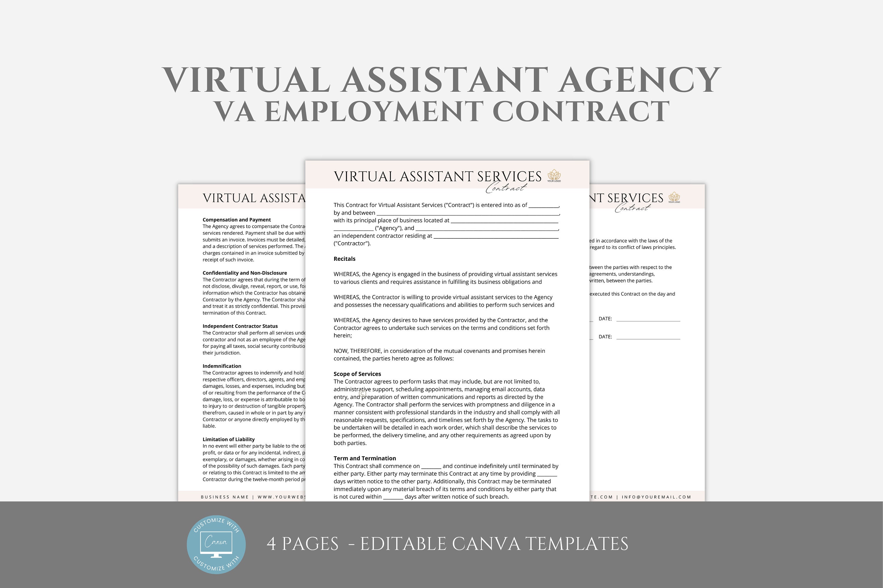Editable Virtual Assistant Agency Employment Contract Template, Service ...