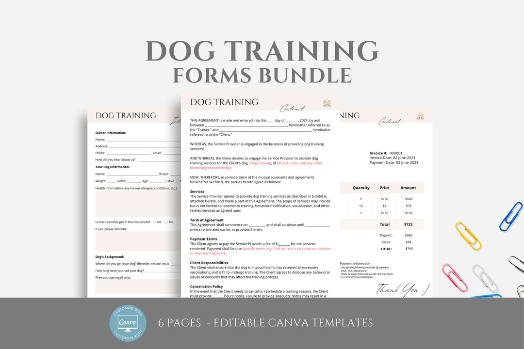 Editable Dog Training Contract Template, Dog Trainer Templates, Dog ...