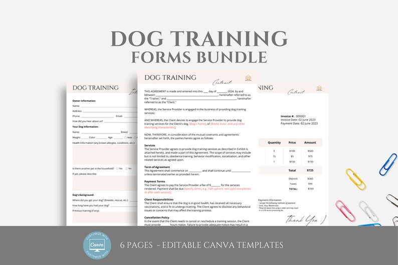 Editable Dog Training Contract Template, Dog Trainer Templates, Dog ...