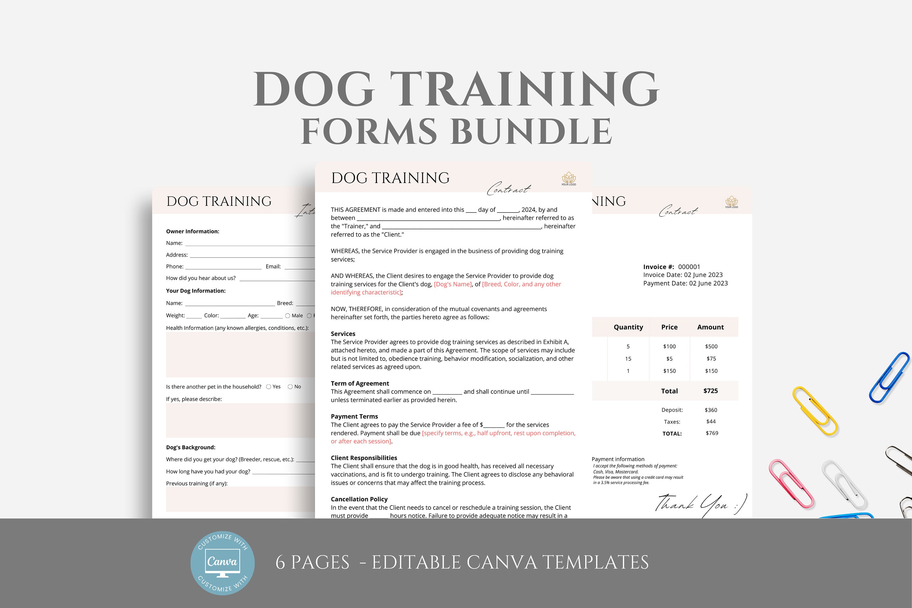Editable Dog Training Contract Template, Dog Trainer Templates, Dog ...