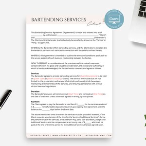Editable Bartender Contract Template, Bartending Service Agreement, Canva Template, Intake Form ...