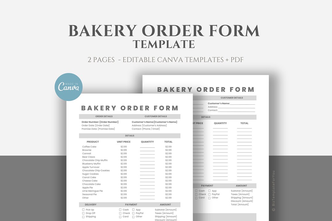 Editable Bakery Order Form Template, Printable Bakery Order Form ...
