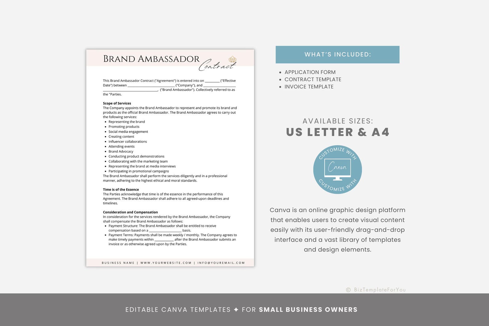 Editable Brand Ambassador Contract Canva Template, Social Media ...