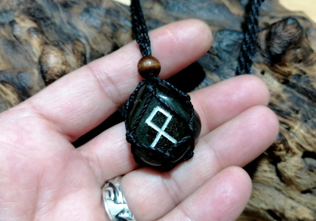 Hand Engraved Rune Obsidian Necklace, Openable Stone Holder Necklace ...