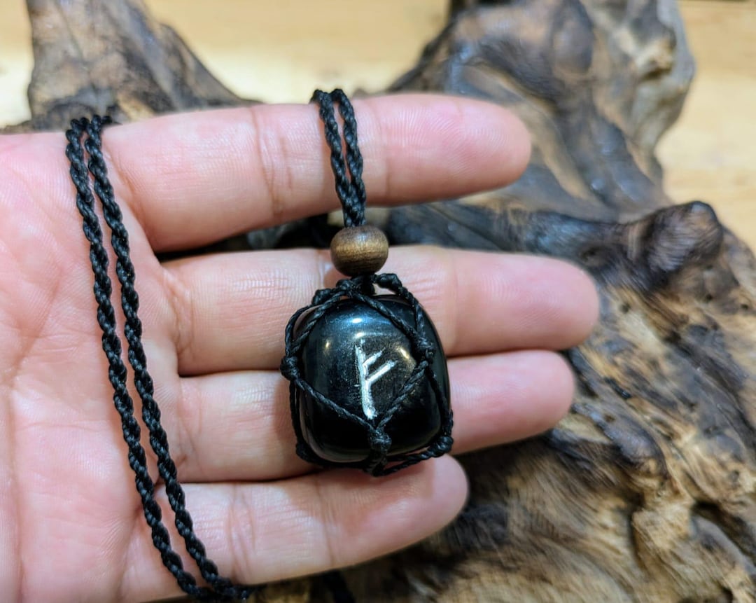 Hand Engraved Rune Obsidian Necklace, Openable Stone Holder Necklace ...