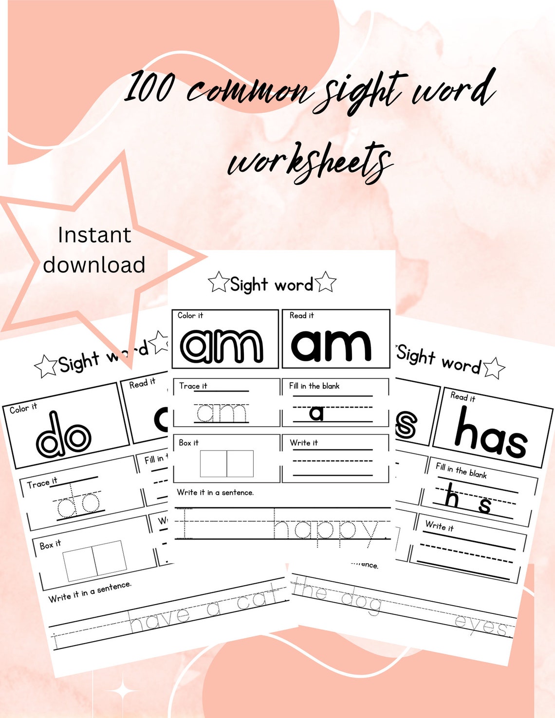 100 Sight Word Worksheets Digital Download Kindergarten/pre-k - Etsy