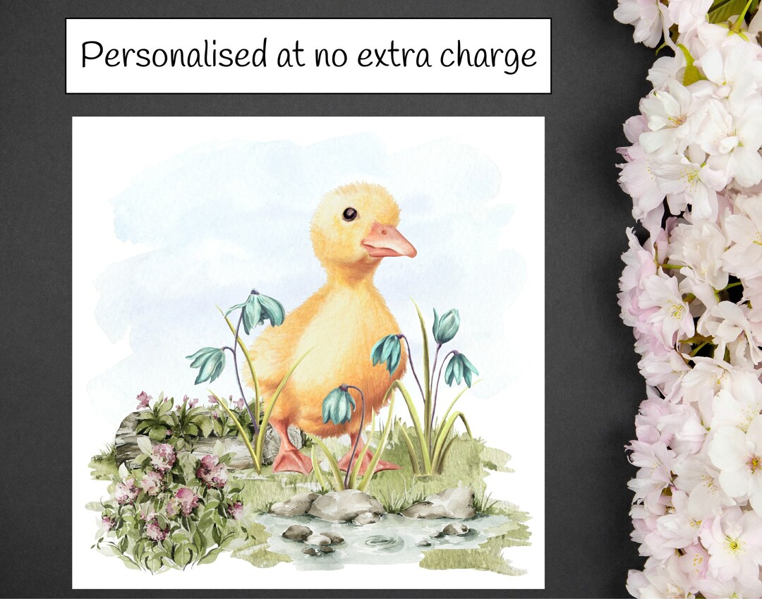 Duck Card, Cute Duck, Duck With Blue Flowers, Personalised Card, Blank ...