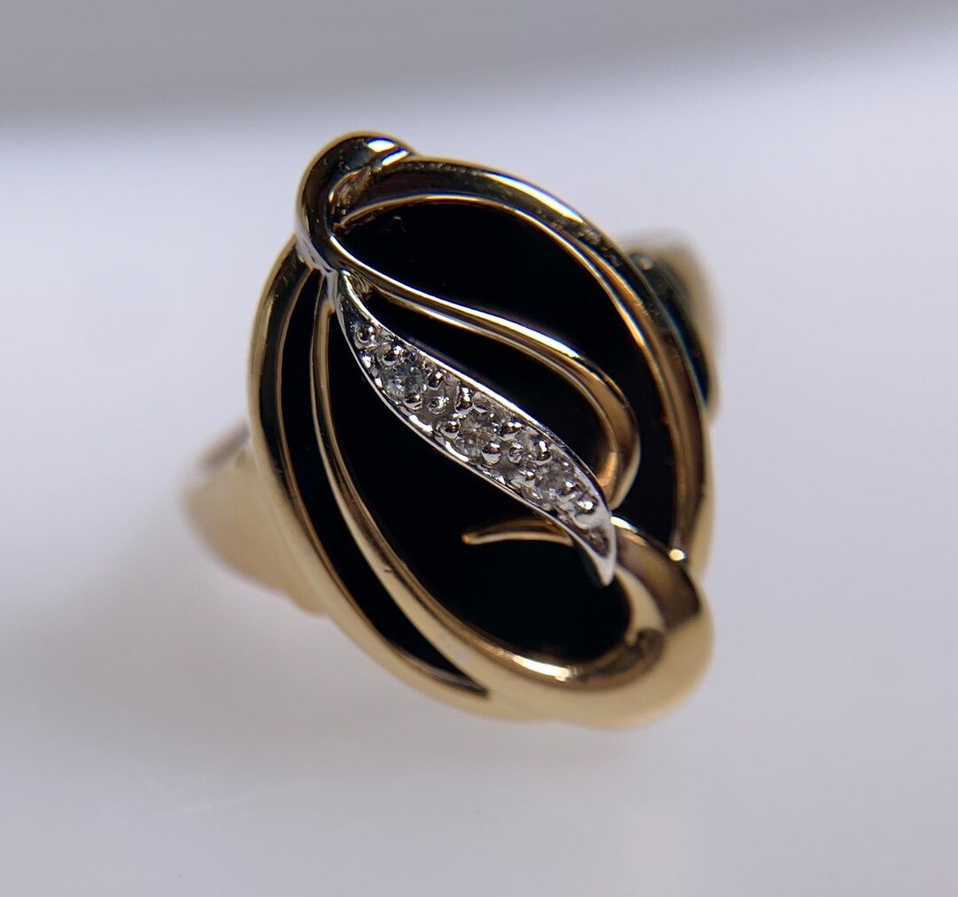 Vintage Siffari Onyx + Diamond 10K Yellow Gold Cocktail Ring, Preowned ...