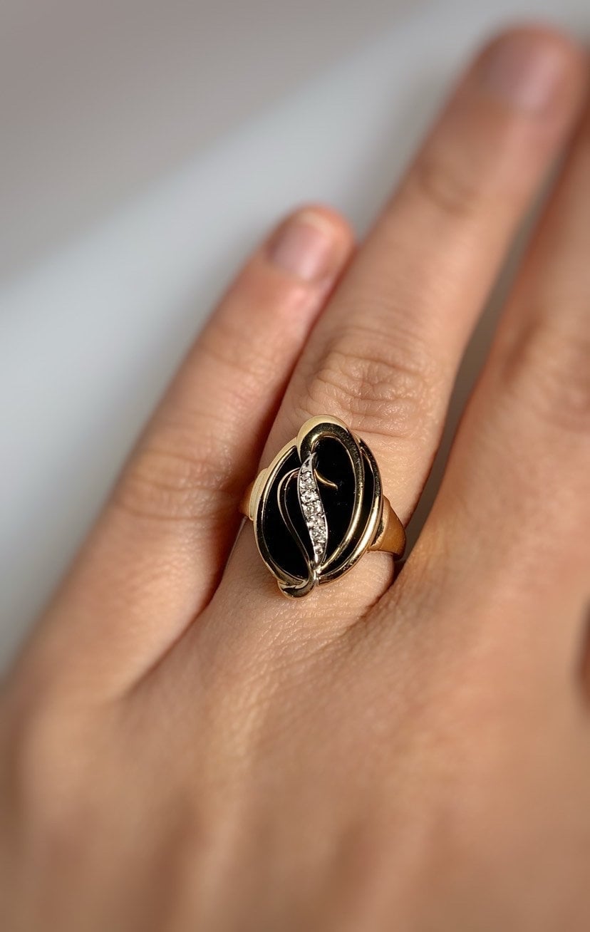 Vintage Siffari Onyx Diamond 10K Yellow Gold Cocktail Ring, Preowned ...