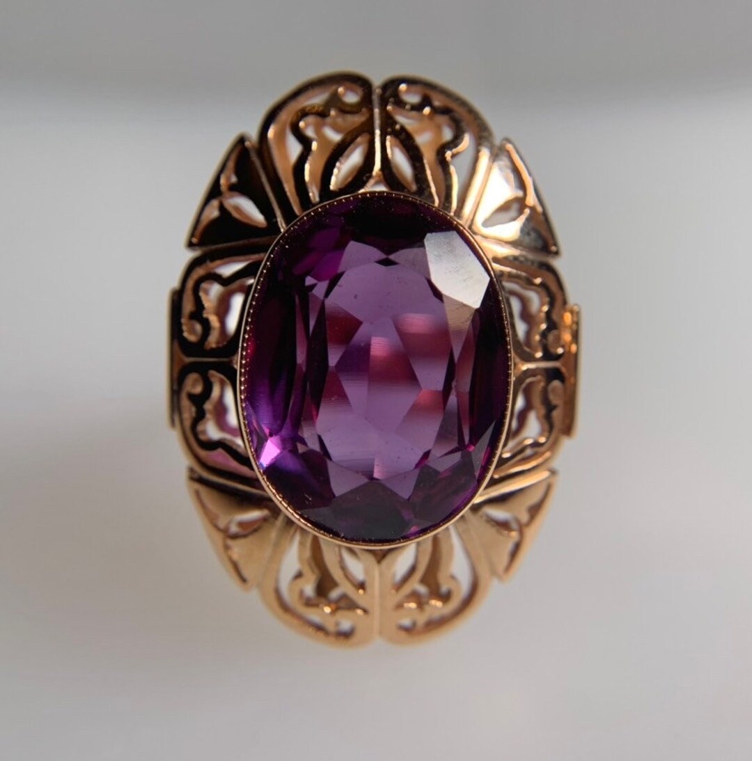 Synthetic Sapphire 14K Rose Gold Filigree Ring, Preowned Vintage Soviet ...