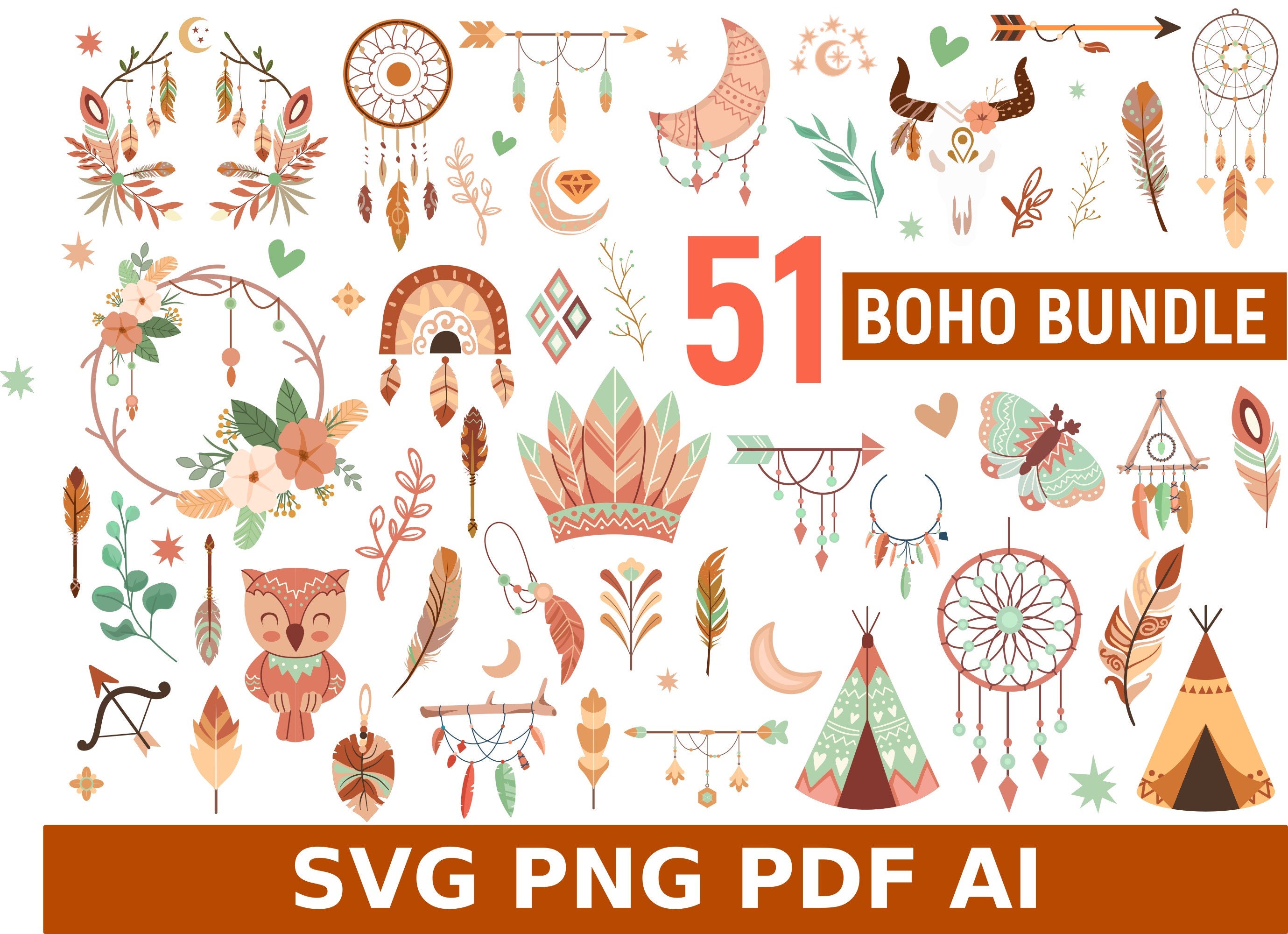 Boho Clipart, Boho Svg, Boho Bundle, Boho Elements, Boho Png, Boho ...