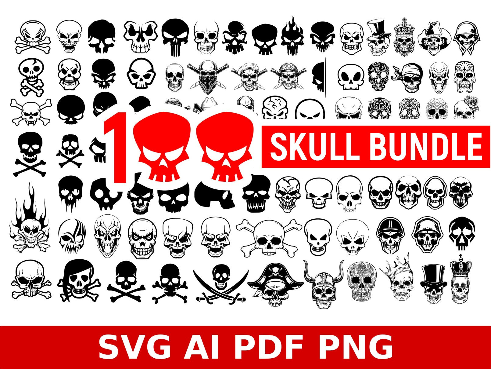 100 Skull Svg Bundle, Skull Clipart Png, Skull Silhouette, Skull Tshirt ...