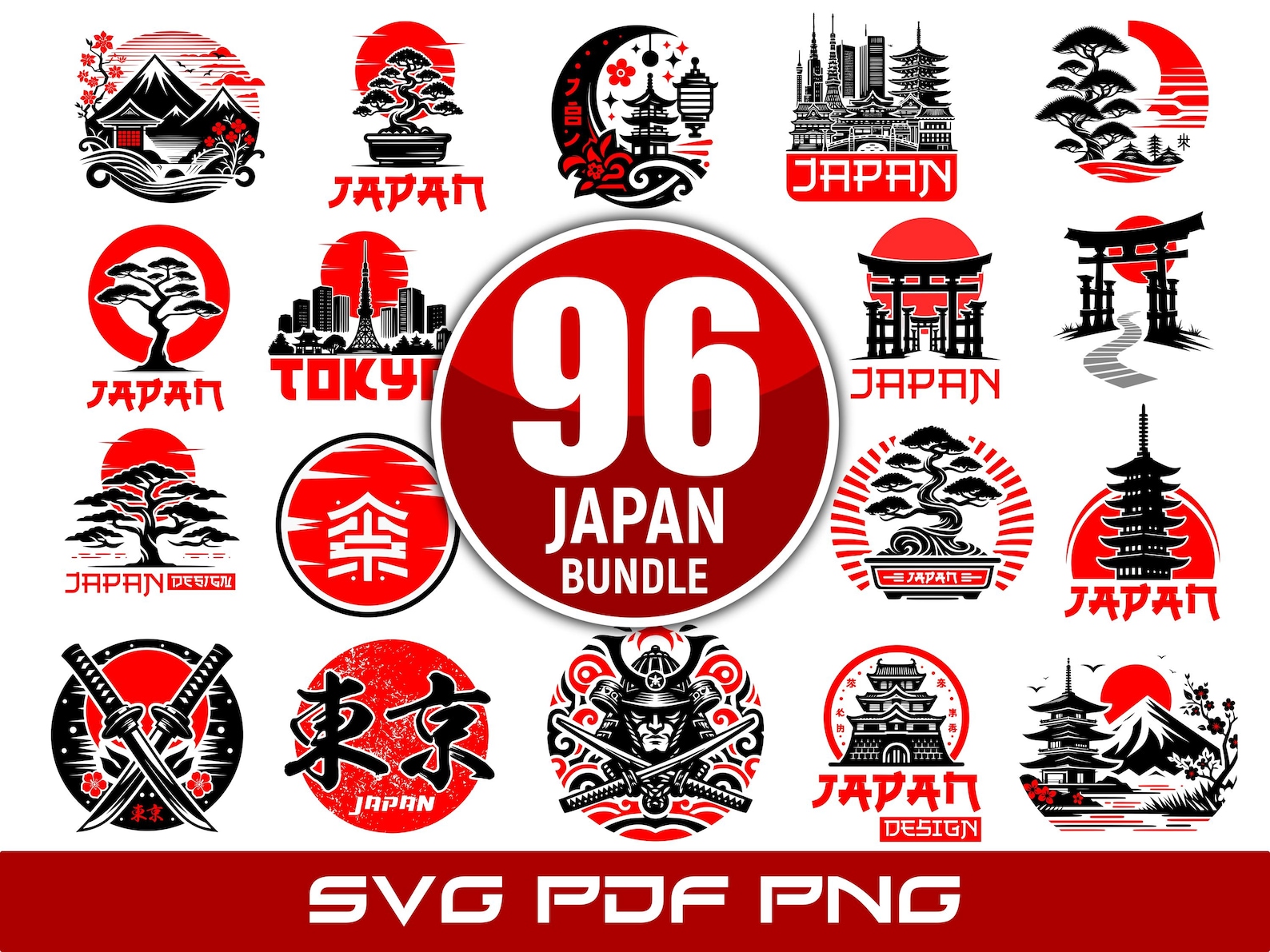 96 Japanese Themed Vector Design Clipart Bundle | Samurai Logo SVG PDF ...