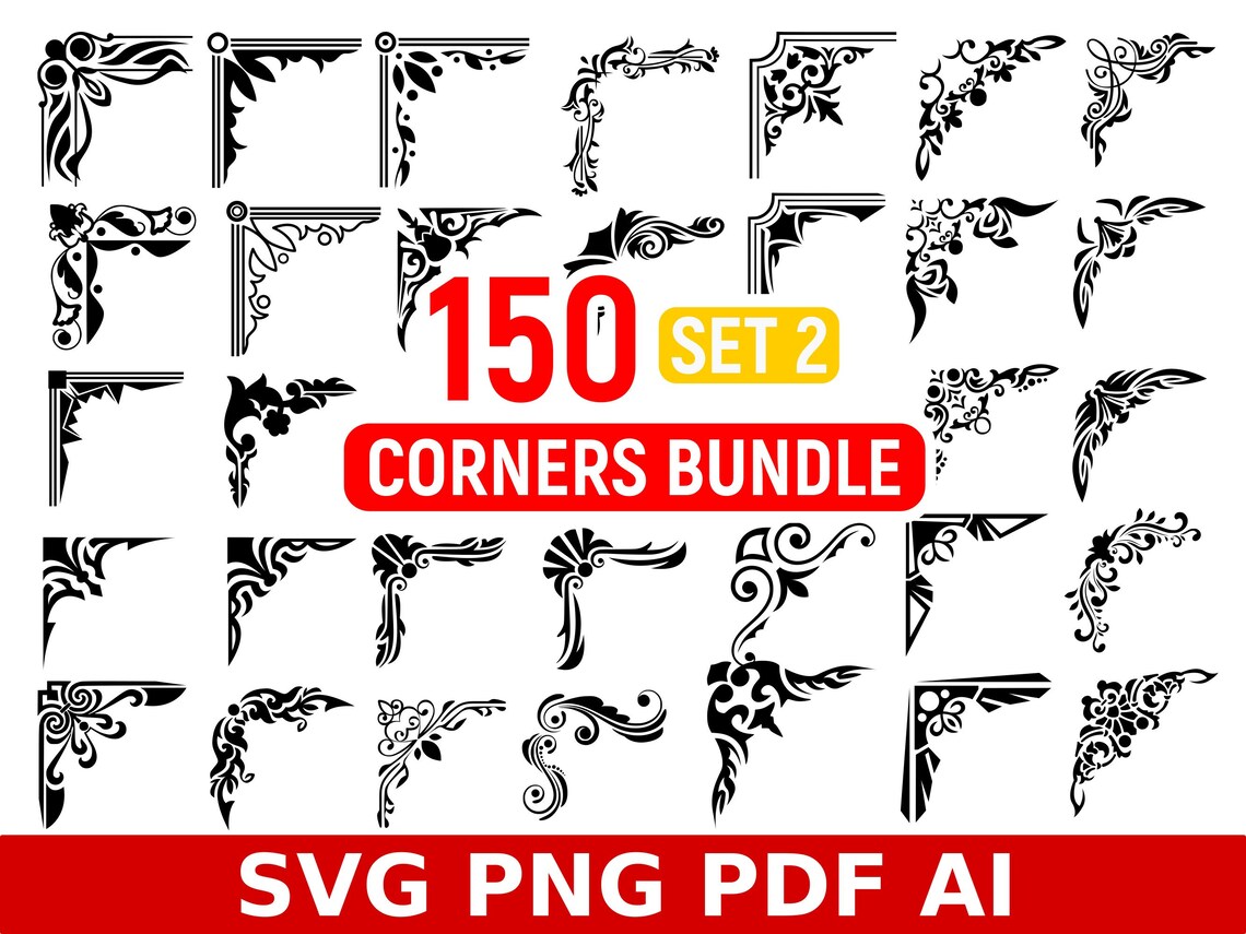 150 Vector Corners Elements SVG for Frames, Page Decoration Set 2 ...
