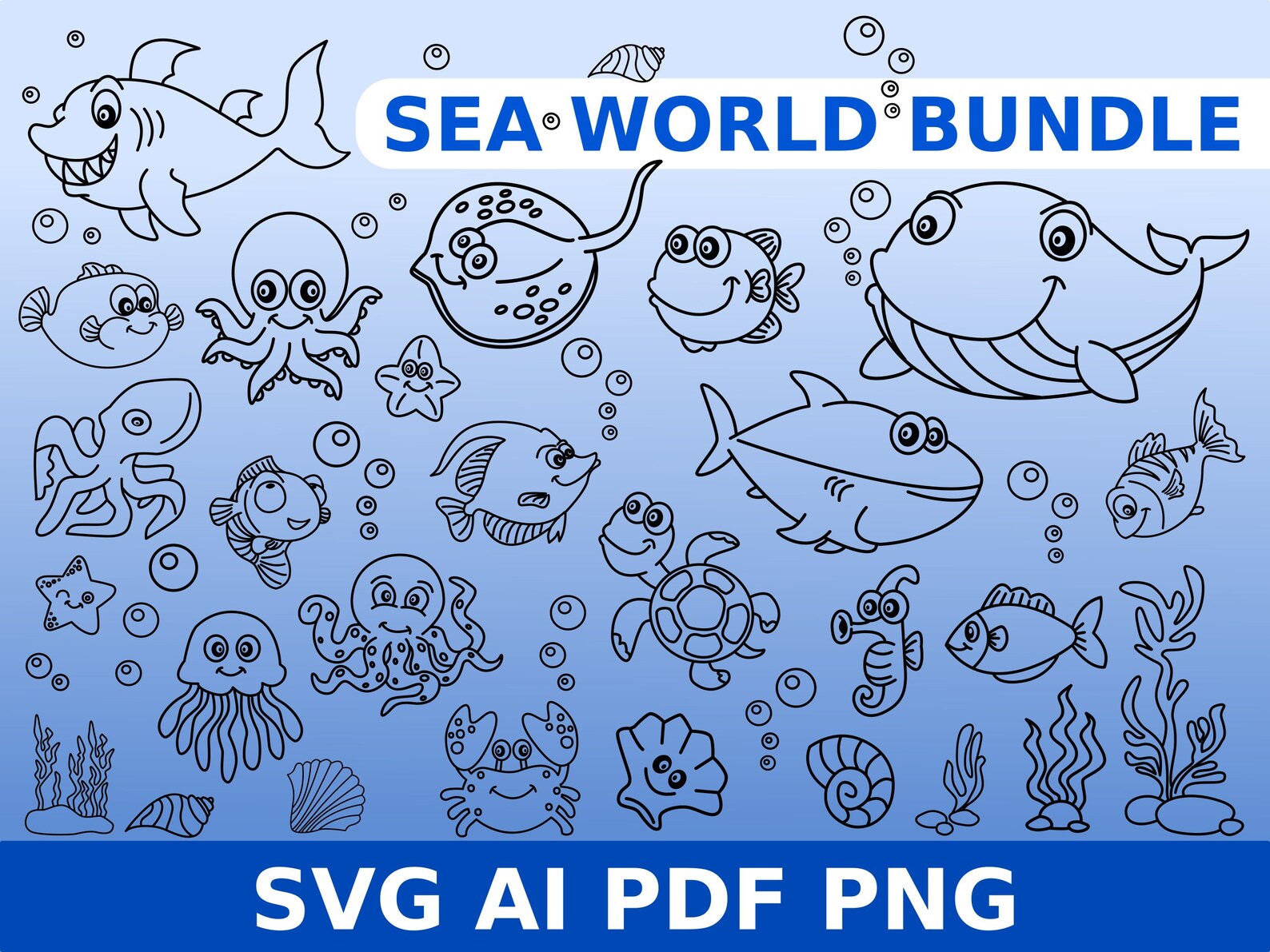 Sea World Bundle, Sea Animals Svg, Sea World Outline, Fish Svg, Fish ...