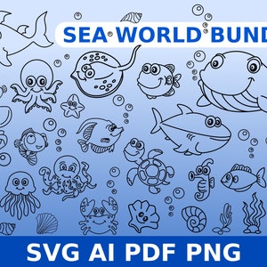 Sea World Bundle, Sea Animals Svg, Sea World Outline, Fish Svg, Fish ...