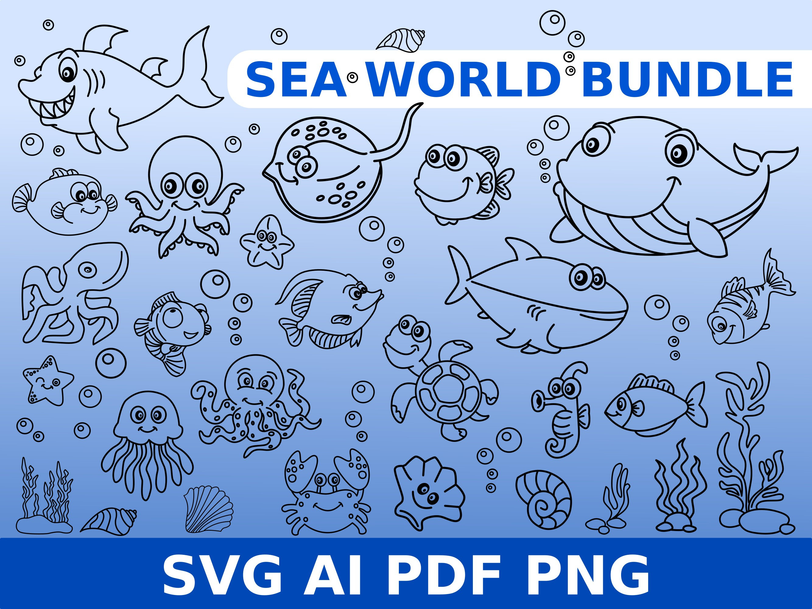 Sea World Bundle, Sea Animals Svg, Sea World Outline, Fish Svg, Fish ...
