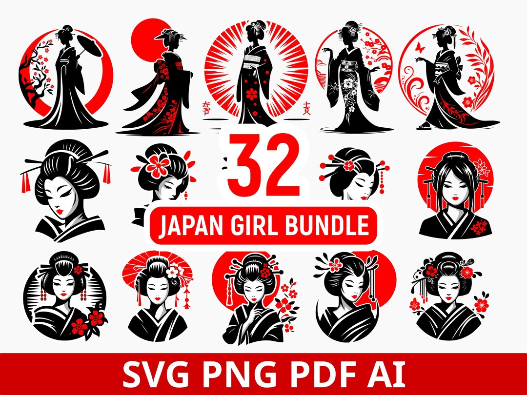 Japanese Geisha Clipart Bundle: Japan SVG, PNG, PDF (32 Files) - Etsy