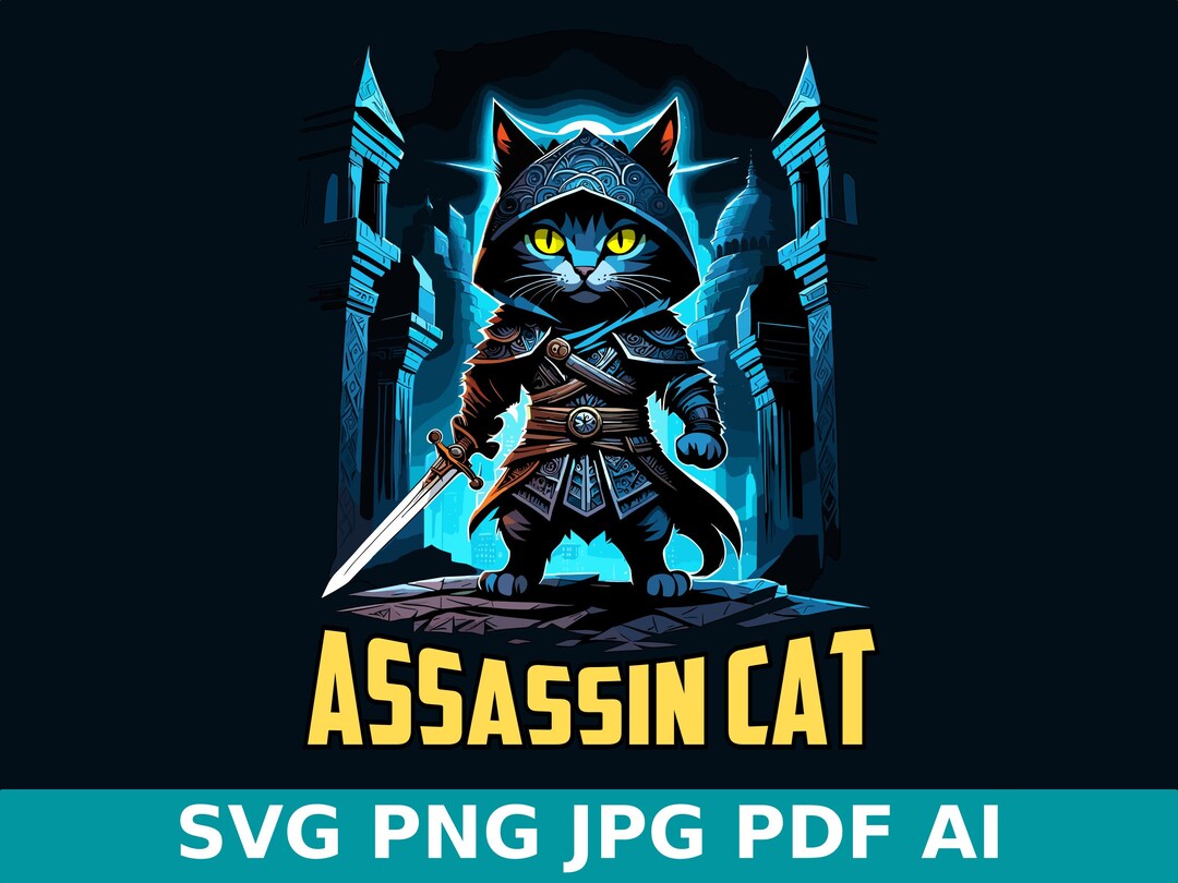 Assassin Cat Cartoon Design: T-shirt Clipart (SVG PNG PDF) - Etsy