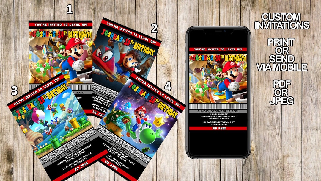 Mario Ticket Invitations, Mario VIP PASS Birthday Invites, Mario Bros ...