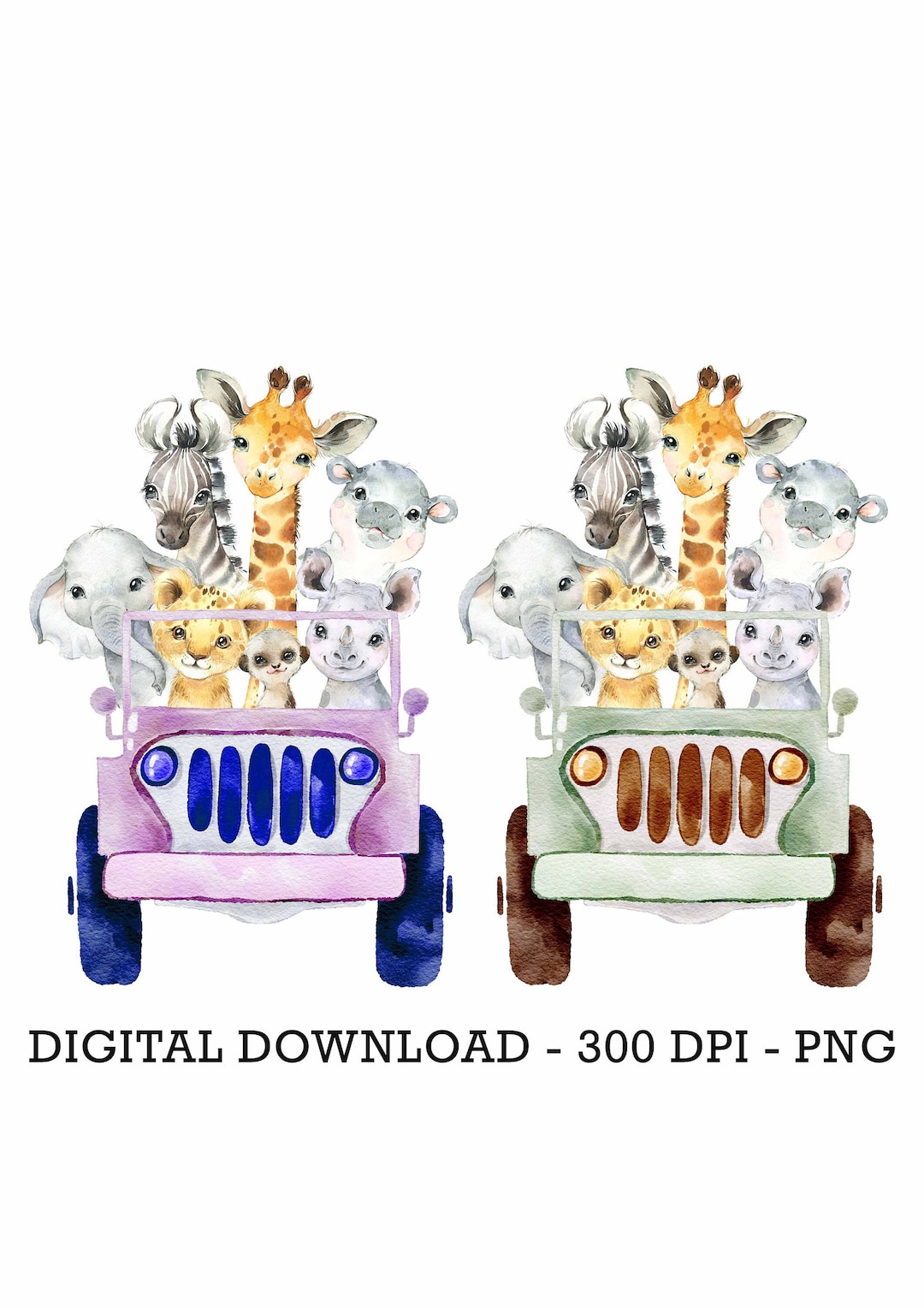 Set 2 PNG Tropical Jungle Safari Animals Car, Kids Sublimation, Baby ...