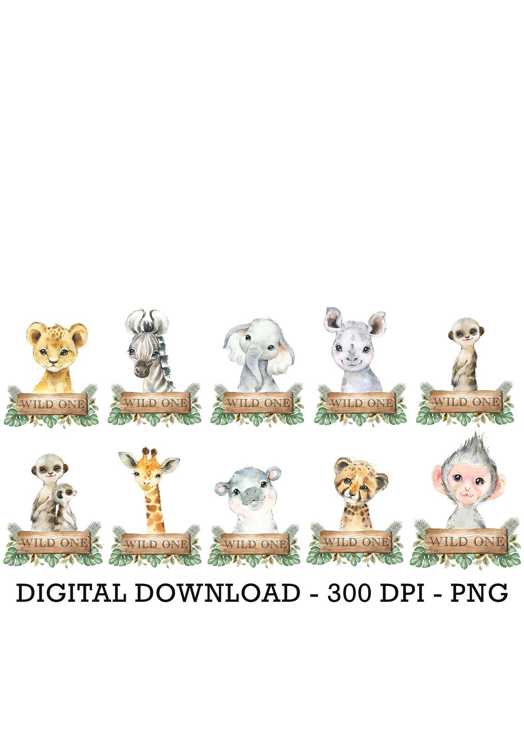PNG Set of 10 Tropical Jungle Safari Animals, Kids Sublimation, Baby ...