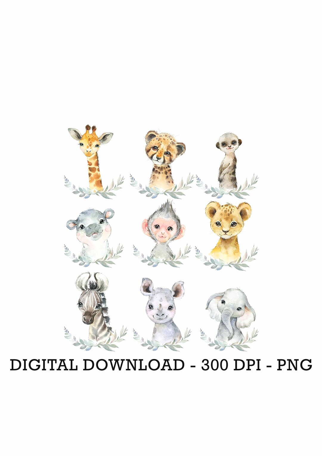 PNG Set of 9 Tropical Jungle Safari Animals, Kids Sublimation, Baby ...