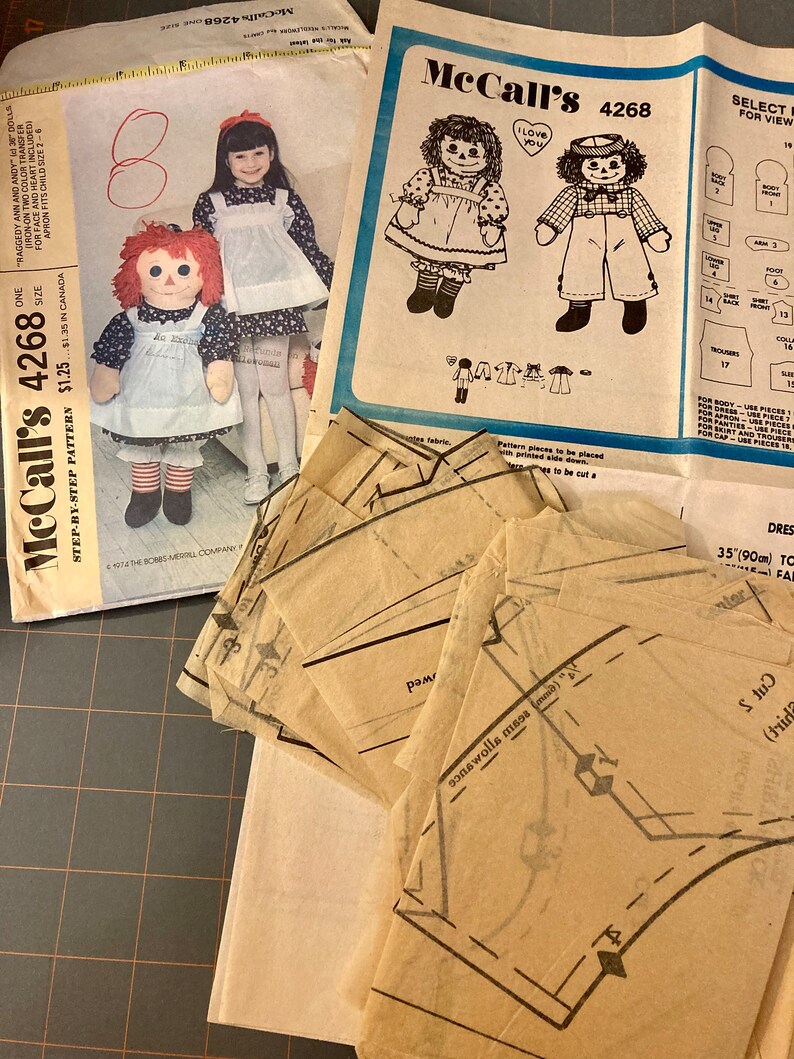 1974 Mccalls 4268 Raggedy Ann and Andy 36 Doll and Clothes Pattern ...