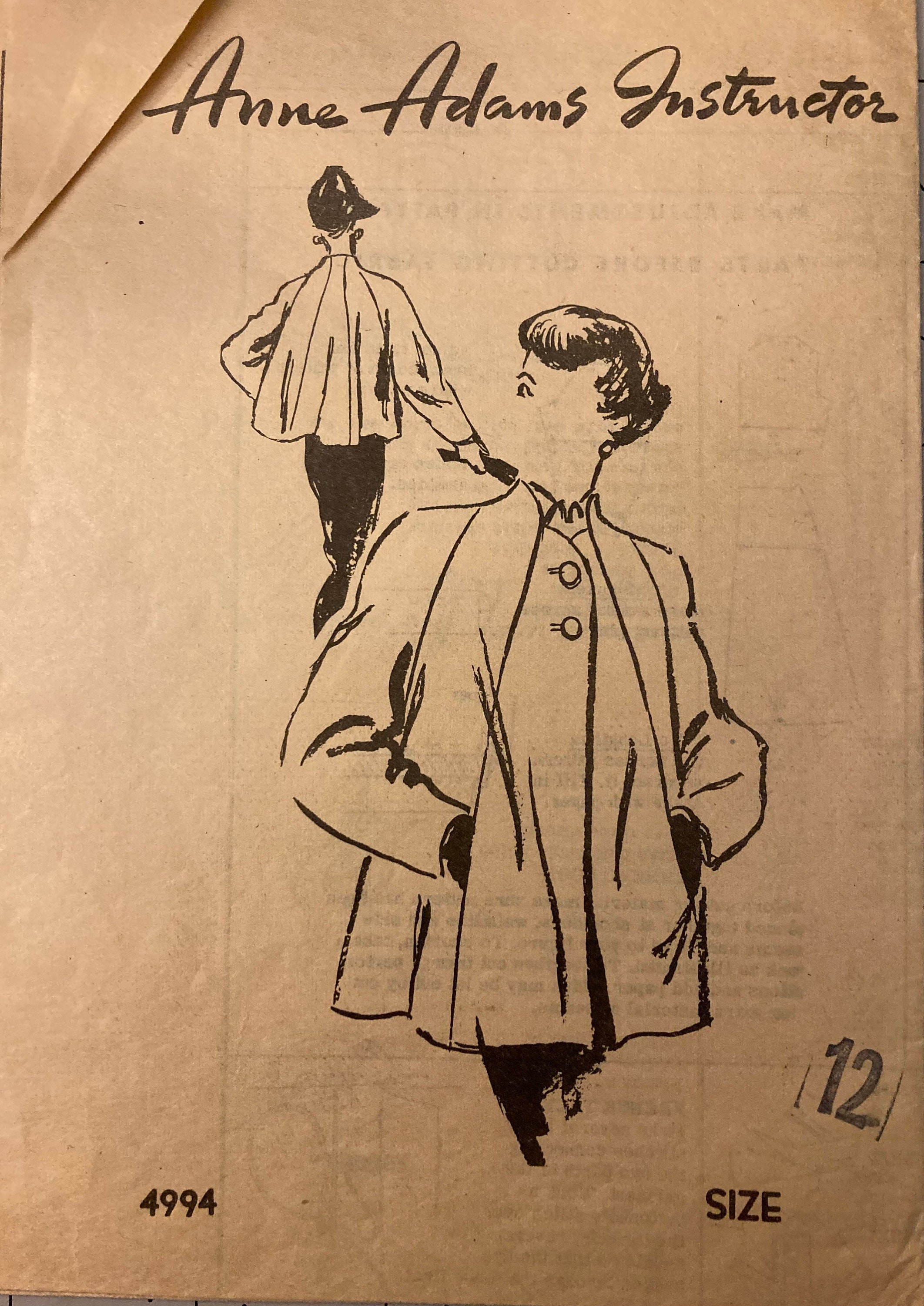 1940s Anne Adams Instructor Swagger Coat Pattern 4994 Rare! - Etsy