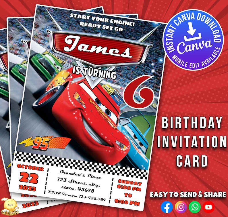 Instant Download Lightning Mcqueen Birthday Invitation Birthday ...