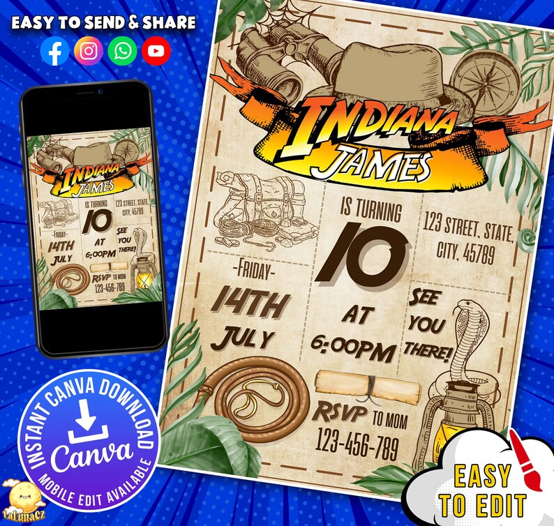 Indiana Jones and the Dial of Destiny Birthday Invitation Card, Indiana ...