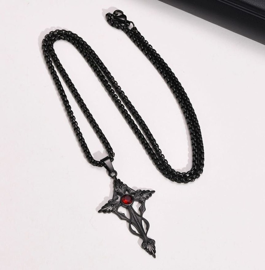Black Gothic Cross Necklace, Necklace for Men, Red & Black Necklace ...