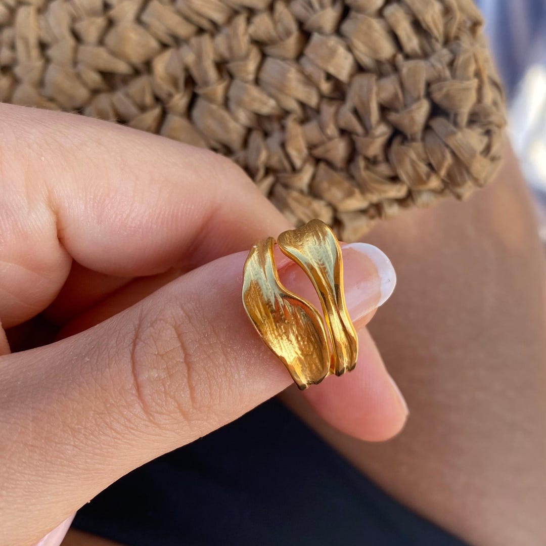 Waterproof Textured Cuff Ring, 18k Gold Plated Adjustable Everyday Ring, Stainless Steel Tarnish ...